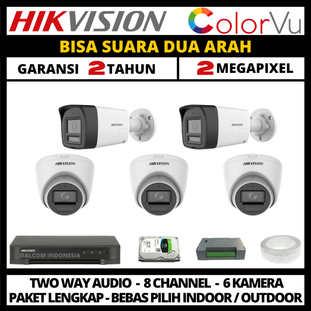 Jual Paket cctv hikvision colorvu 2mp 8 channel 5 kamera two way audio ...