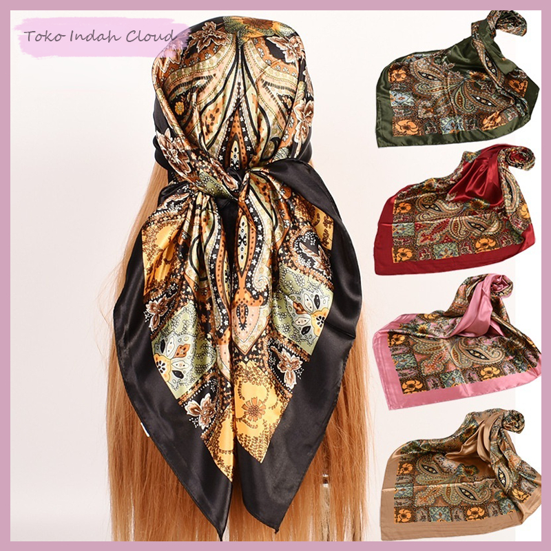Jual 90x90 cm Syal Persegi Satin Motif Bunga Jambu Mete Besar Jilbab ...