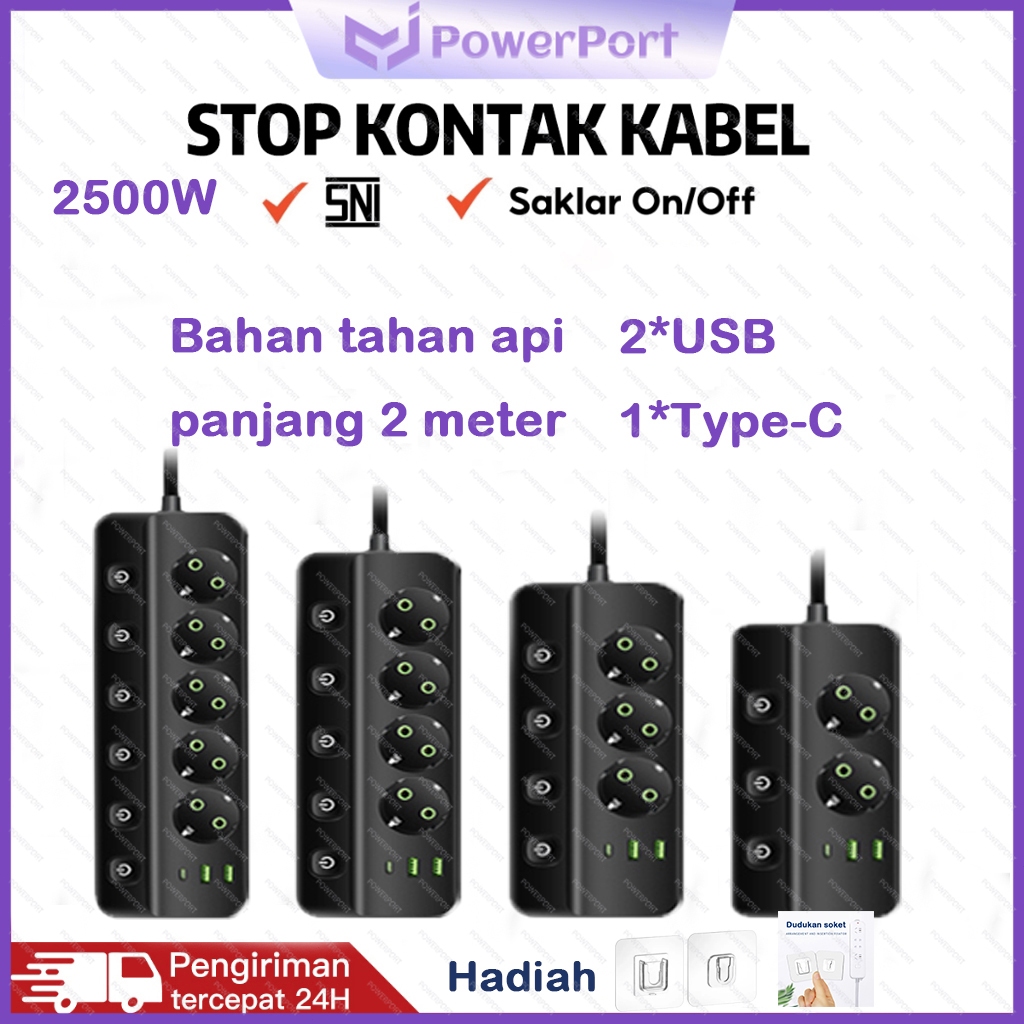 Jual PowerPort 2500W Stop Kontak USB Kabel Serbaguna Multiguna Panjang 2 Meter / Soket listrik ...