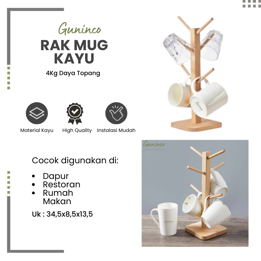 Jual Guninco Rak Gelas Kayu / Rak Mug Holder Kayu Gantungan Cangkir ...