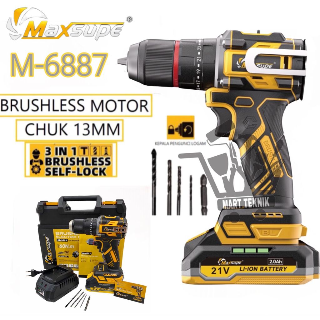 Jual Maxsupe M-6887 Mesin Bor 13mm Baterai Brushless 21v 2.0Ah Bor Cas ...