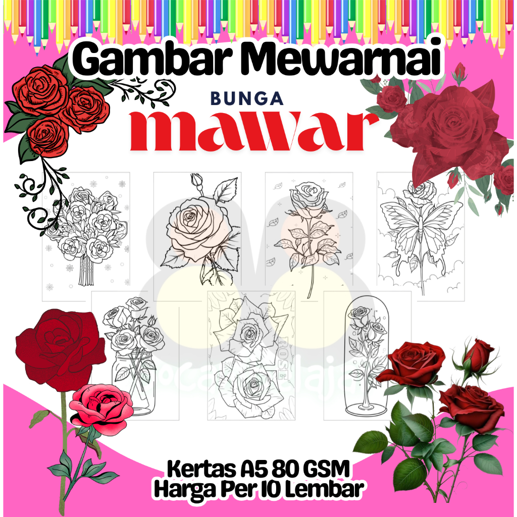Jual 10 Lembar Kertas A5 Gambar Mewarnai Tema BUNGA MAWAR ROSE Termurah ...