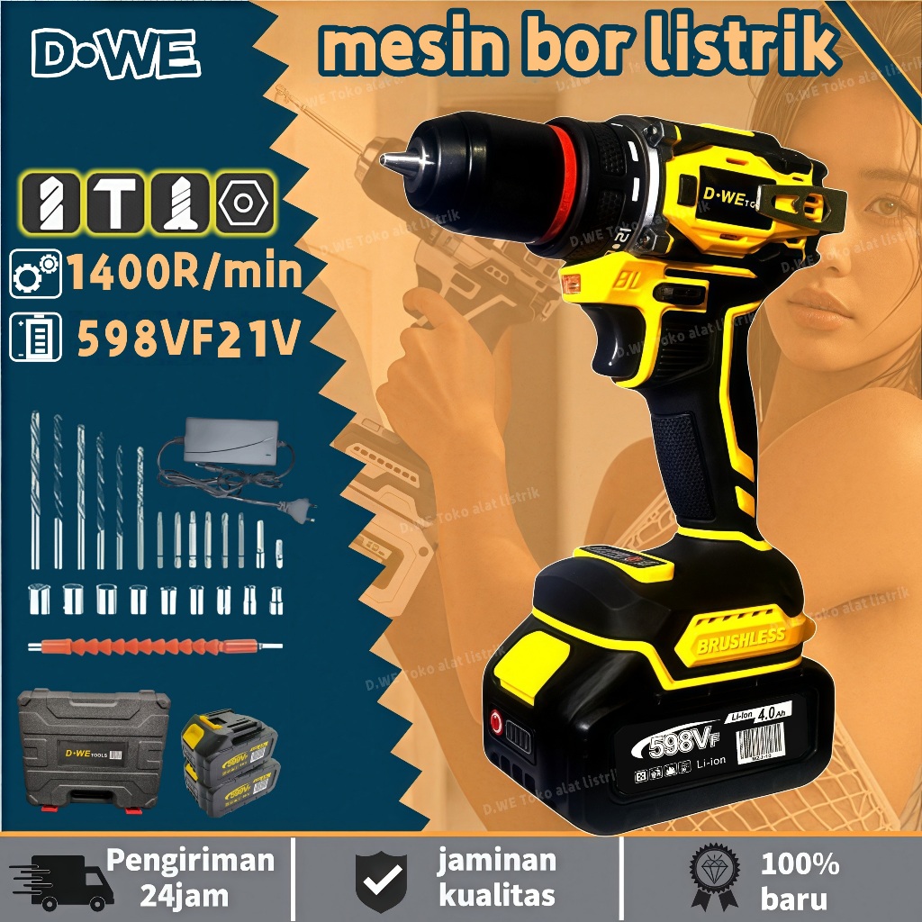 Jual D•WE Brushless 40N.M bor baterai Impacte lektrik mesin bor listrik ...