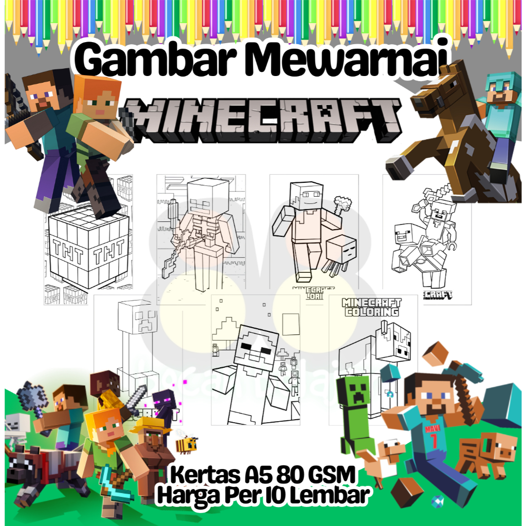 Jual 10 Lembar Kertas A5 Gambar Mewarnai Tema MINECRAFT Termurah - Anak ...