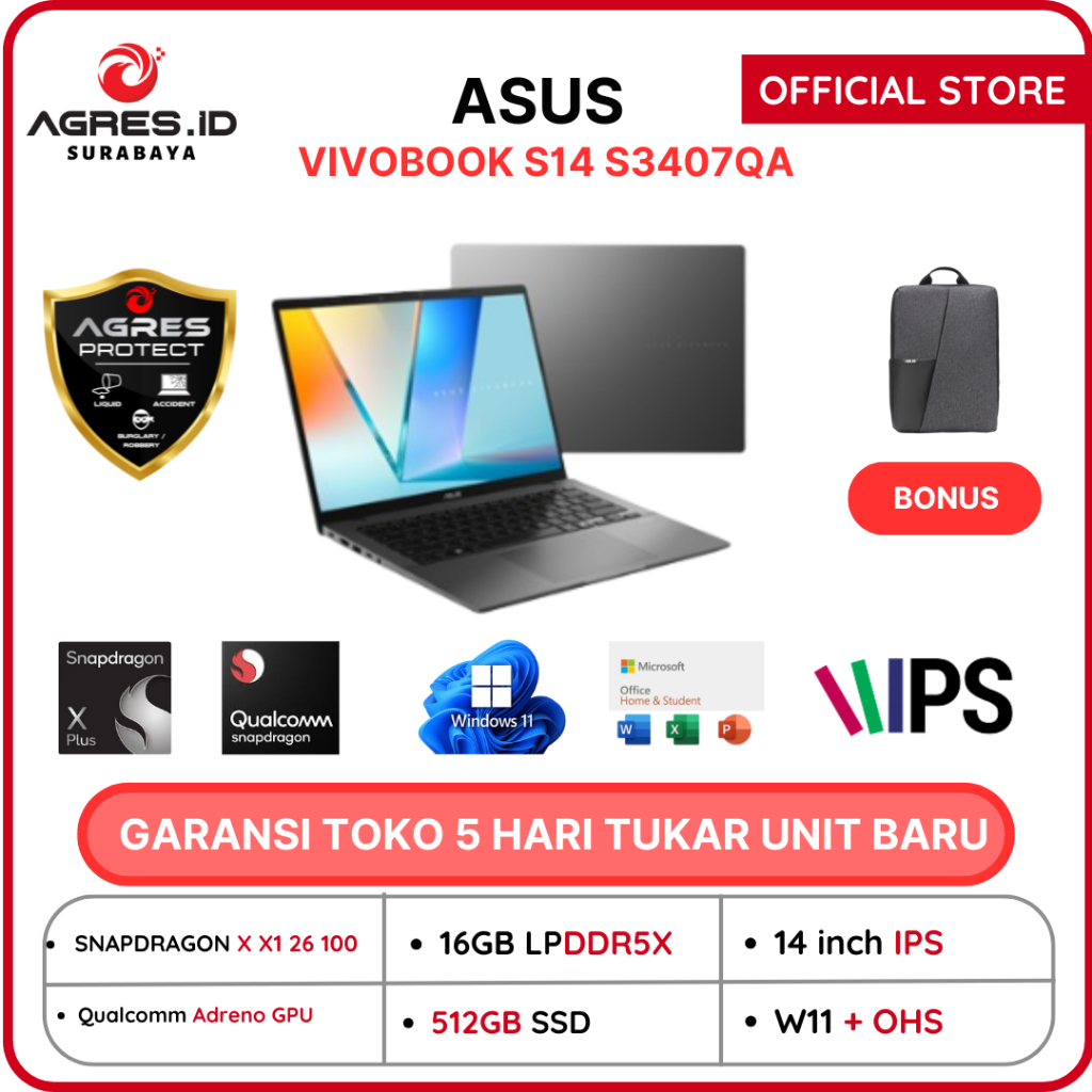 Jual ASUS VIVOBOOK S14 S3407QA SNAPDRAGON X1 16GB 512GB Windows11+OHS+M365B 14.0WQXGA IPS 2.5K ...