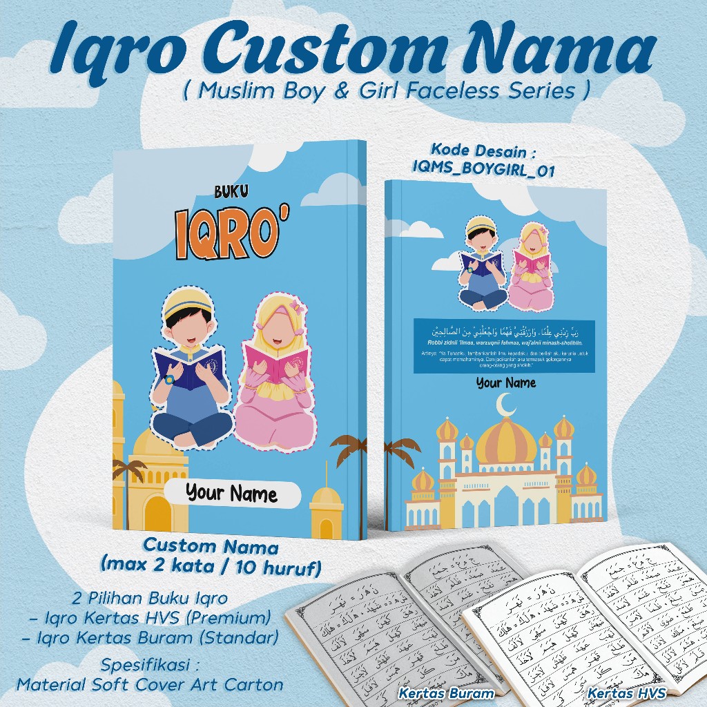 Jual IQRO MILENIAL ANAK CUSTOM NAMA DESAIN KARAKTER MUSLIM BOY & GIRL ...