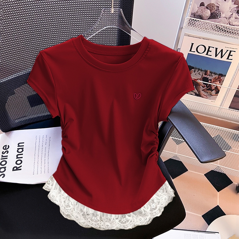 Jual T-shirt ramping lengan pendek leher bulat renda tambal sulam merah ...