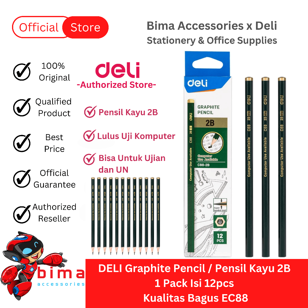 Jual DELI Pensil 2B Tulis Kayu Hitam 1 Pack Isi 12 pcs Bisa Untuk Ujian UN Graphite Pencil EC88 ...