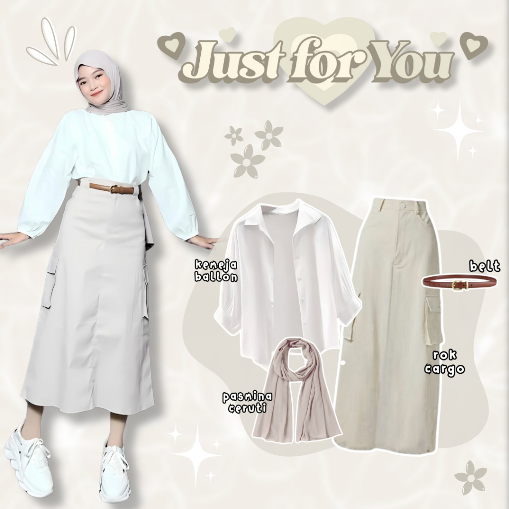 Jual Oneset Korean Style (Hijab Ceruti, Kemeja, Rok Cargo) OOTD Cewek ...