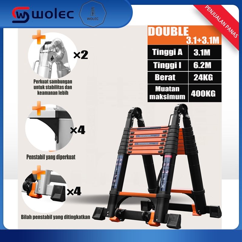 Jual 5M/6.2M Perak Hitam WOLEC Tangga Lipat Aluminium Single Double ...