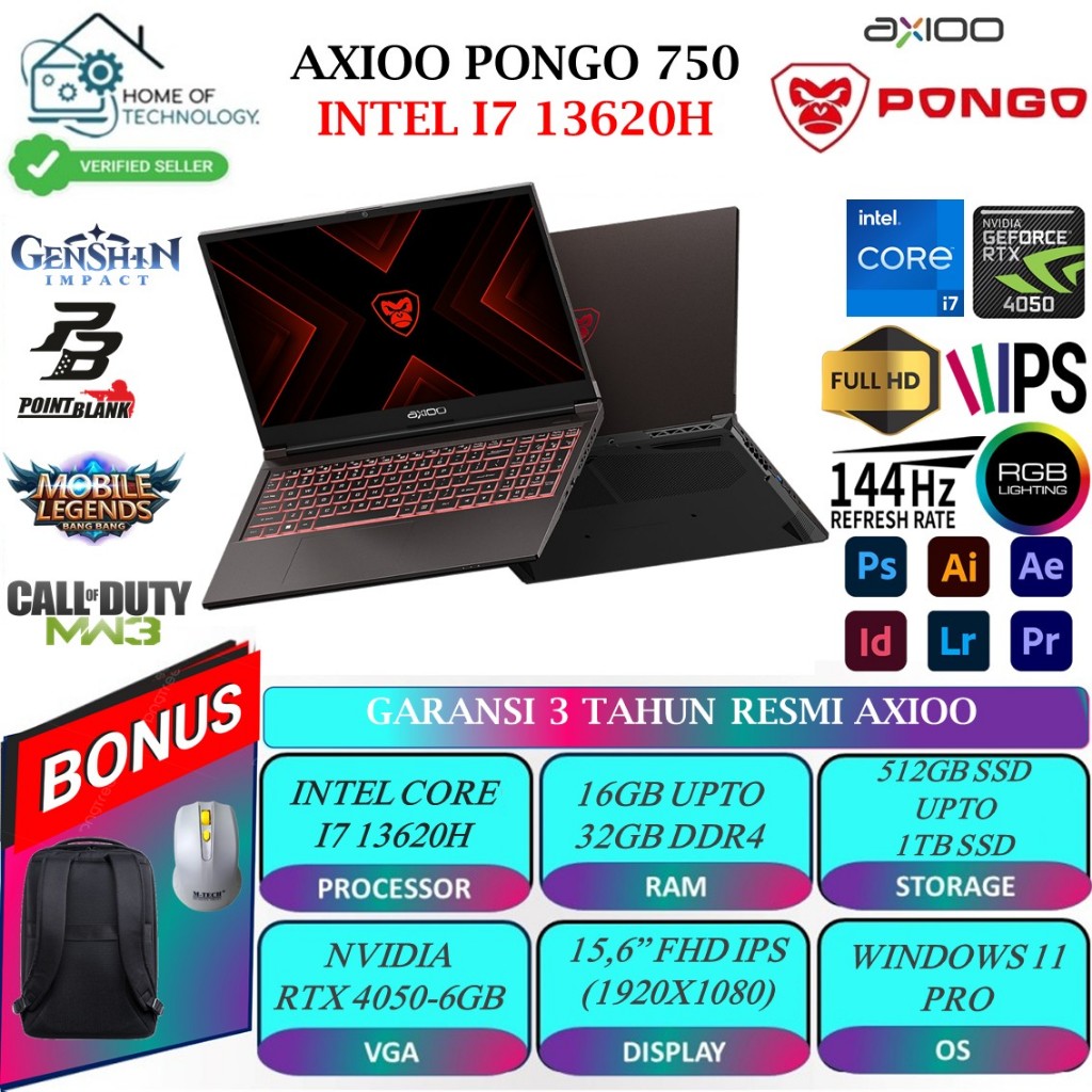 Jual AXIOO PONGO 750 Intel Core I7 13620H Ram 32GB 1TB SSD RTX4050 FHD ...