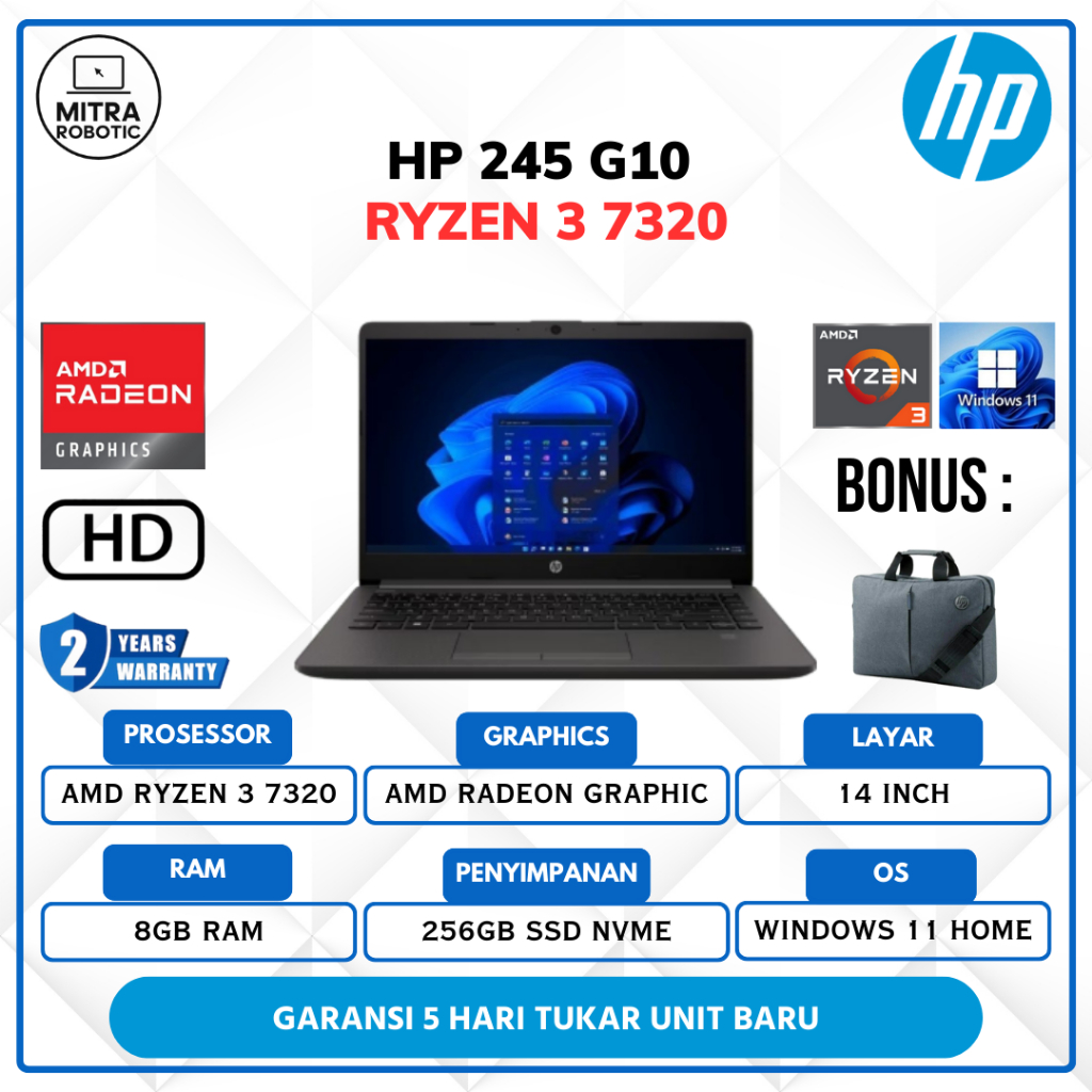 Jual Laptop HP 245 G10 RYZEN 3 7320 Ram 8GB / 256GB Windows 11 14.0 ...