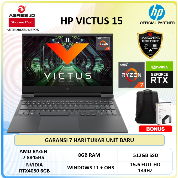 Jual Laptop Gaming HP Victus 15 Ryzen 7 8845HS RTX4050 6GB/ 8Gb 512Gb ...