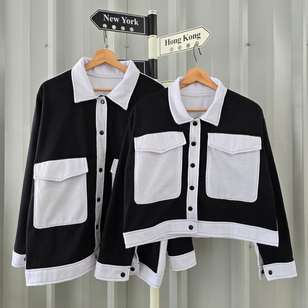Jual Jaket Couple Kemeja Kombinasi Hitam Putih – Model Crop & Regular Unisex- Sweater Couple ...