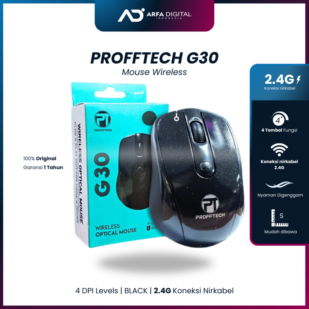 Jual Mouse Wireless PROFFTECH G30 800-1200-1600 DPI Black Include ...