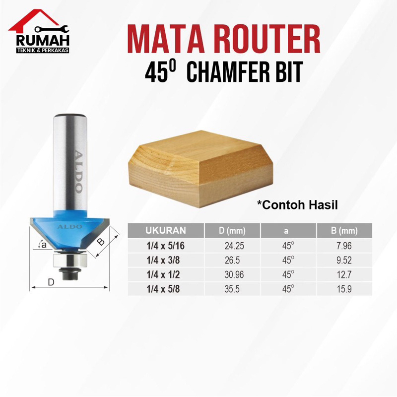 Jual MATA ROUTER 45° CHAMFER BIT / Mata profil trimer kayu 1/4 ...