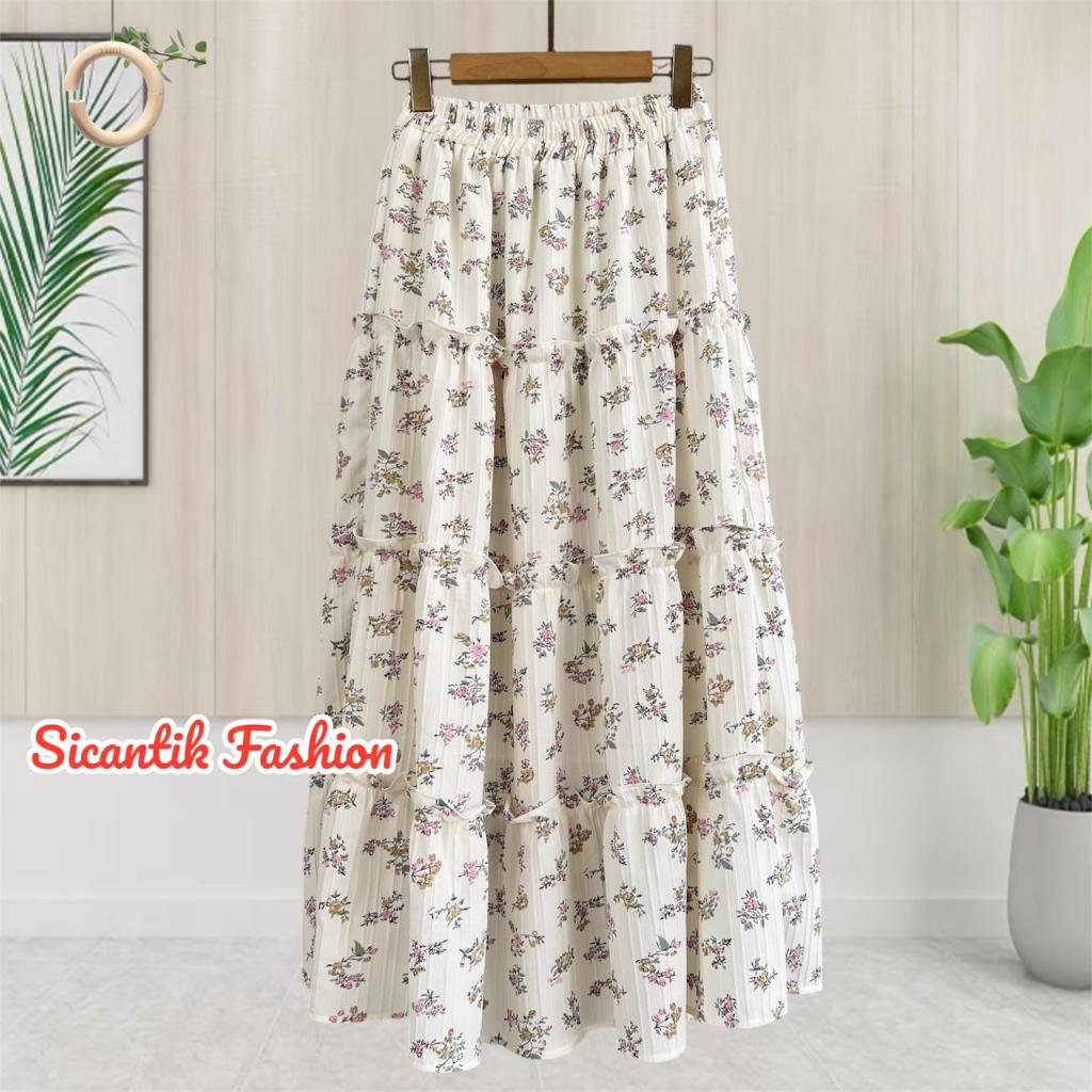 Jual Rok Wanita Korean Style Motif Flower / Rok Tiga susun Bahan ...