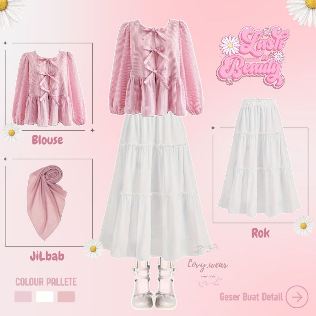 Jual One Set 3in1 Wanita (Blouse Salur + Rok Susun + Jilbab Bella Square) Hijab Style Outfit ...