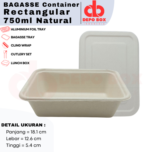 Jual Bagasse Rectangular Container 750ml + Tutup (Natural) - Wadah Tempat Makan 750 ml Sekali ...