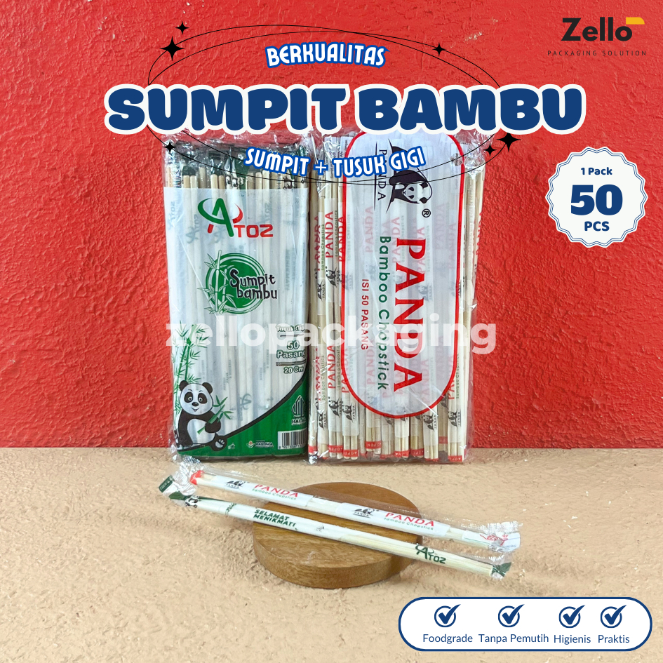 Jual [50 PCS] Sumpit Bamboo Chopstick Panda Sumpit Kayu Steril Include ...