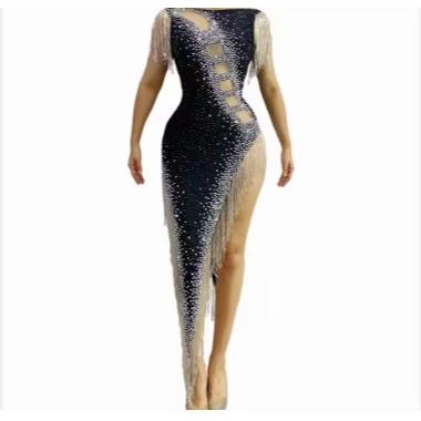 Jual Sexy Fringed Evening Gown Prom Dress Sparkly Black Long Evening ...