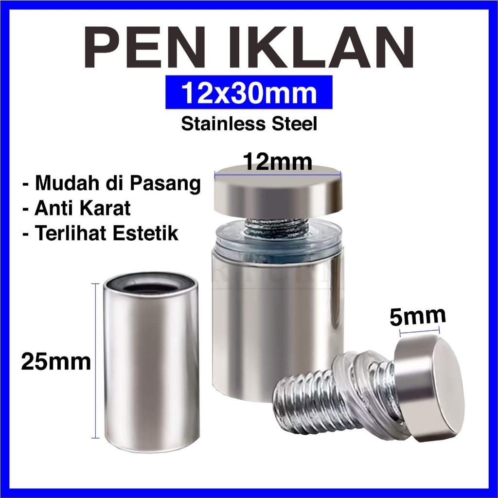 Jual Pen Iklan Stainless Steel 12x30mm / Baut Kaca / Baut Akrilik / Pen ...
