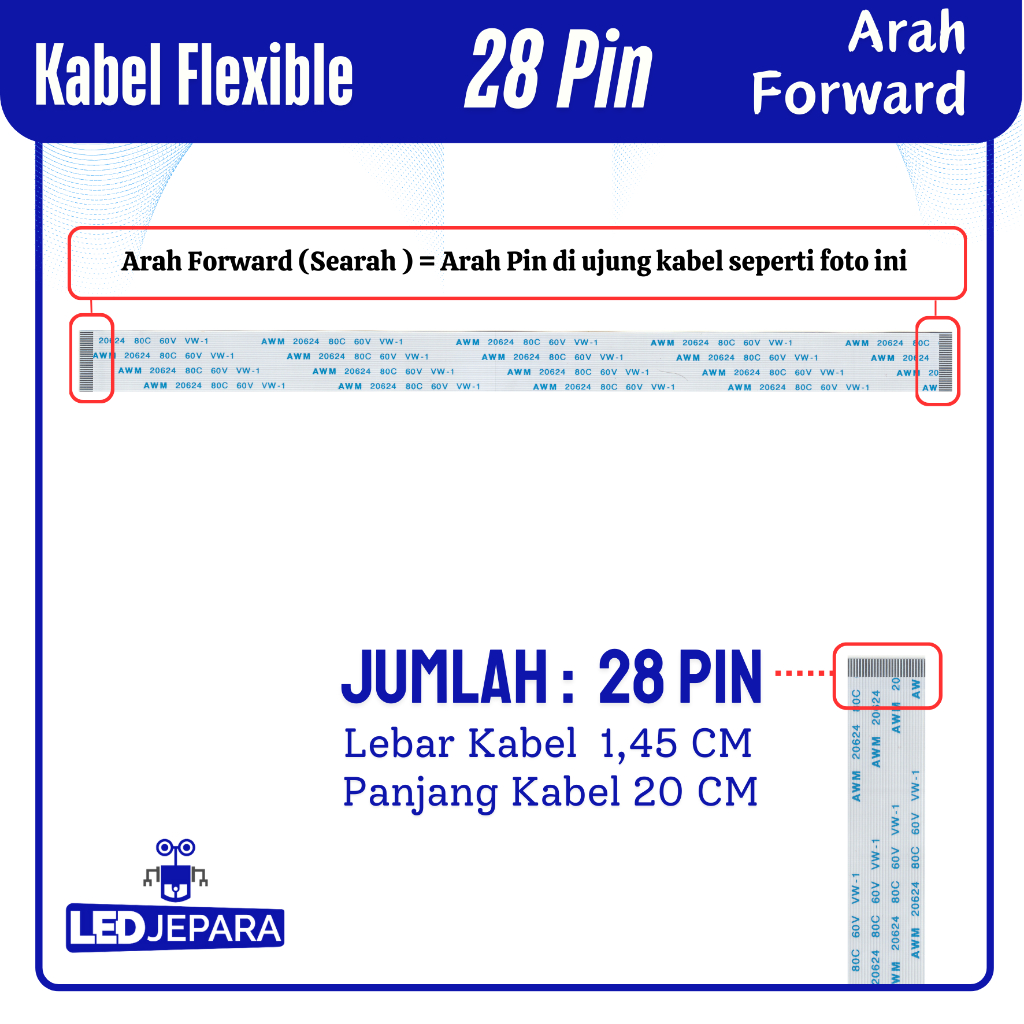 Jual Kabel Flexible 28 Pin 20 CM Pitch 0,5 MM Lebar Kabel 14,5MM Searah ...