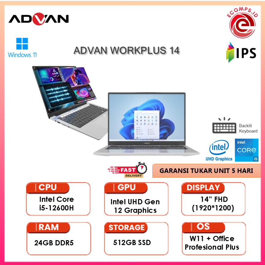 Jual Laptop Advan Workplus I5 12600H 24GB 512GB Win 11 14.0 WUXGA ...