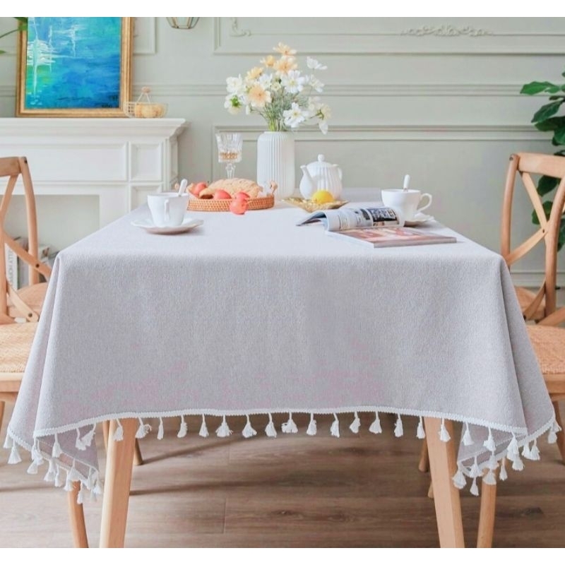 Jual taplak meja makan motif polos satin dengan renda rumbai | Shopee ...