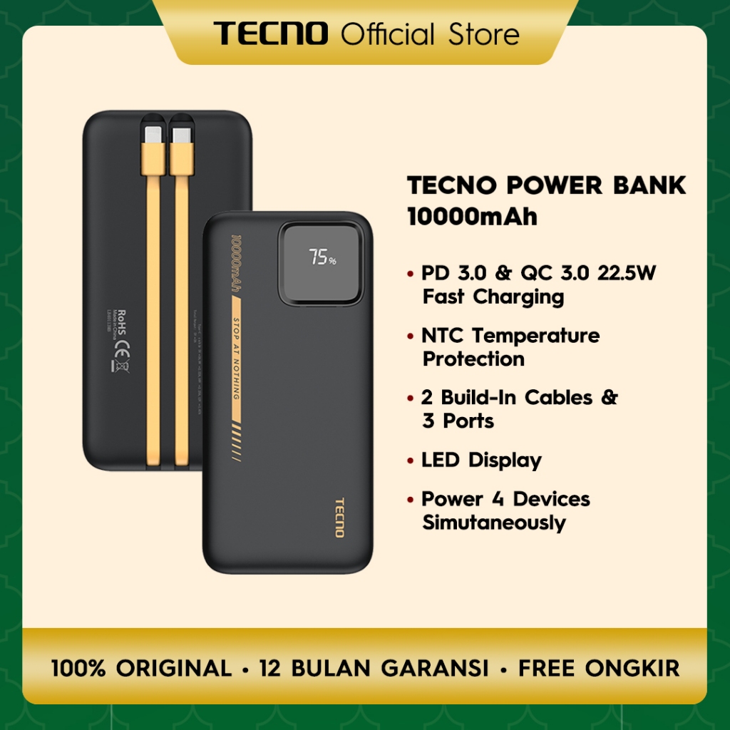 Jual TECNO Power Bank 10000 mAh, PD 3.0 & QC 3.0 22.5W Fast Charging, NTC Temperature Protection ...