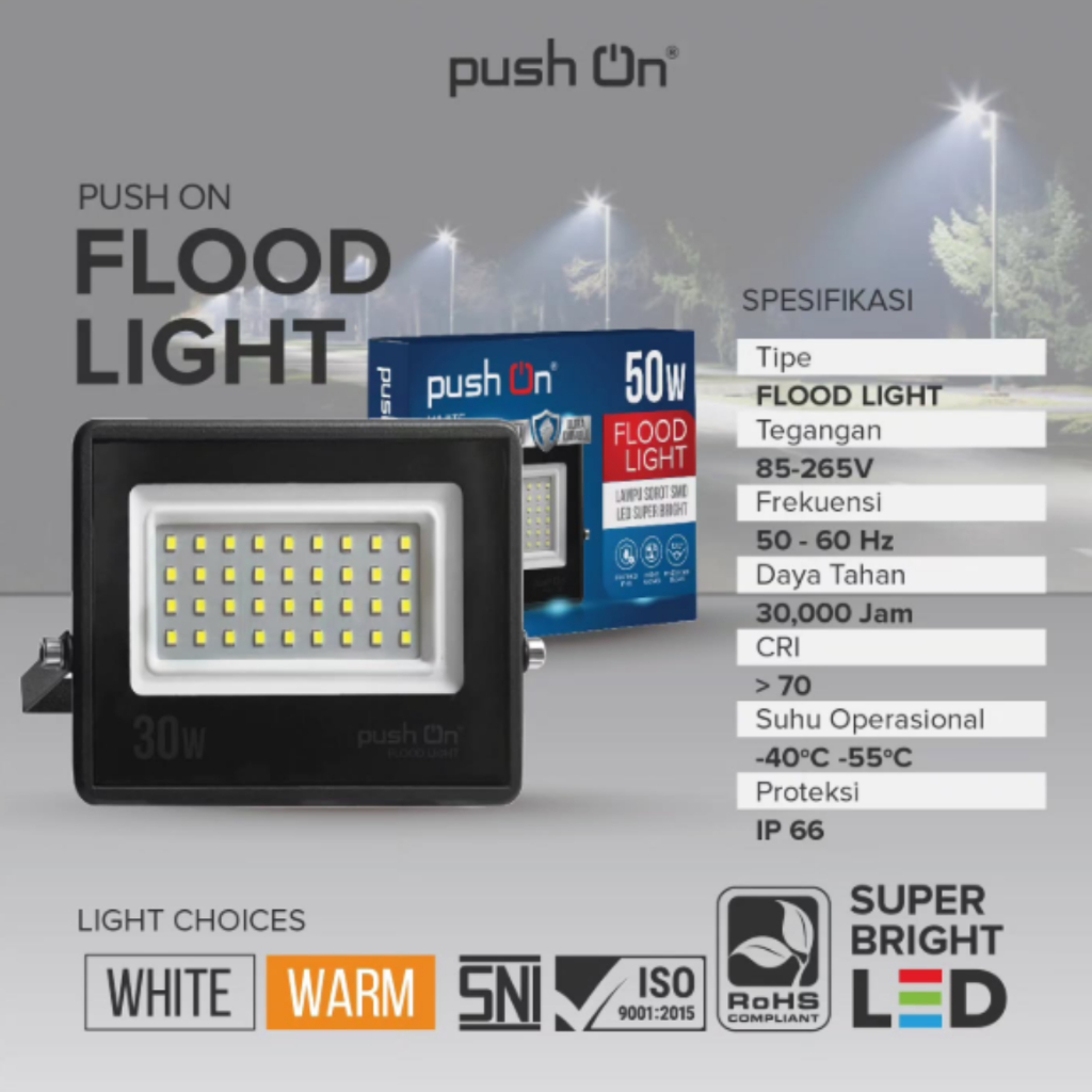 Jual Push on Lampu Sorot LED 10W 20W 30W 50W 100 Watt Flood Light Flood Cahaya Putih & Kuning ...