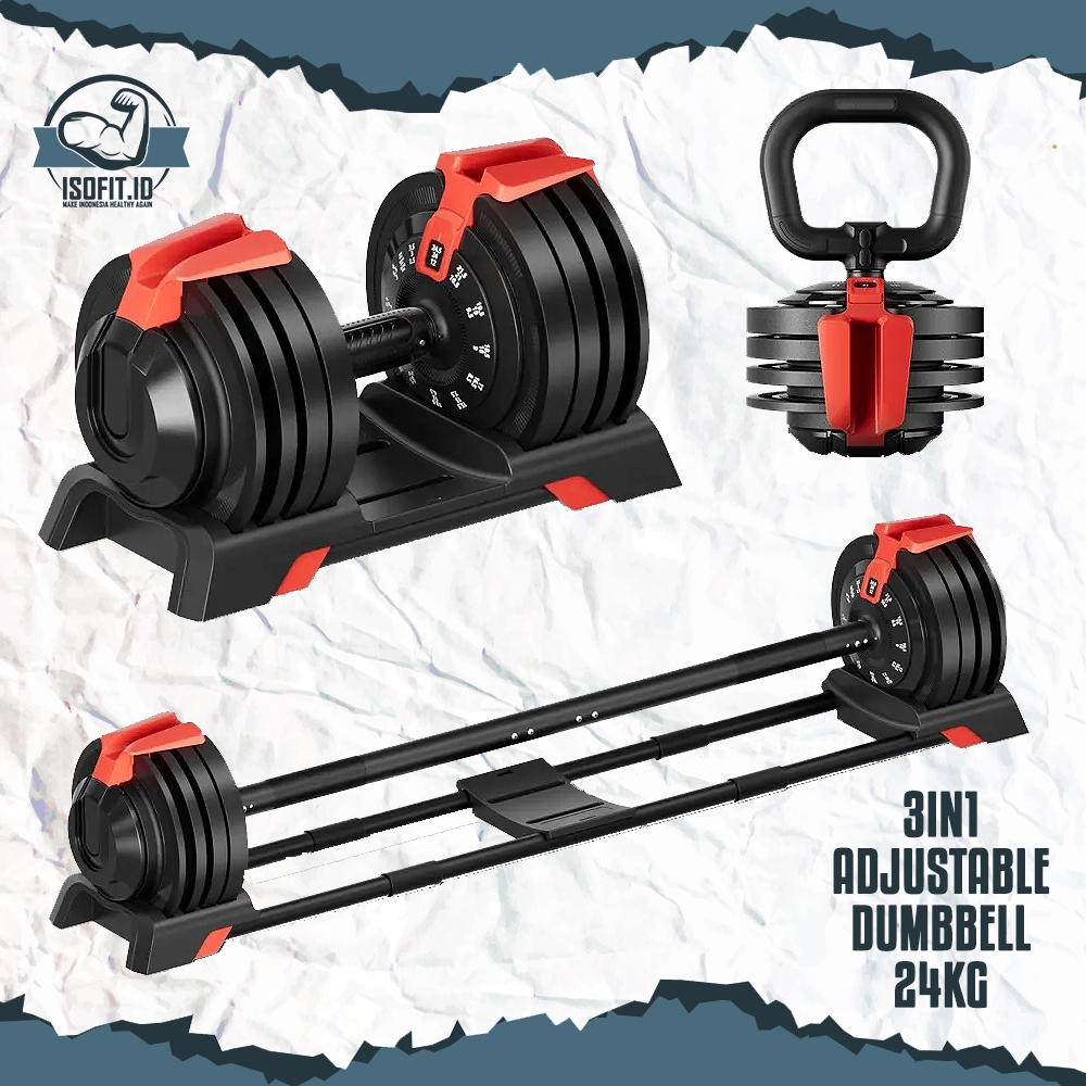 Jual Isofit.id 3IN1 Adjustable Dumbell & Barbell / Alat Fitness Set 3 KG - 24 KG | Shopee Indonesia