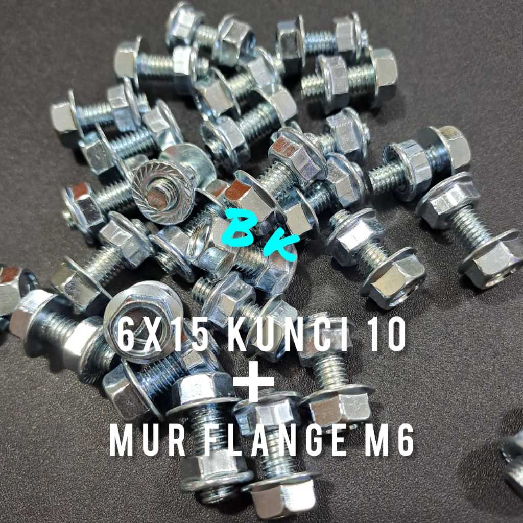 Jual (25-100 Pcs)Baut Flange Bolt m6x15 Kunci 10 Plus Mur Flange Nut M6 | Shopee Indonesia