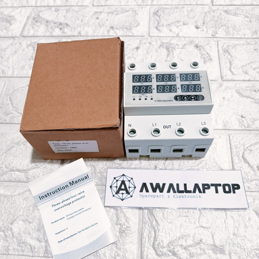 Jual 3 phase v/a VA protector 100A 380v voltage current proteksi 3P+N ...