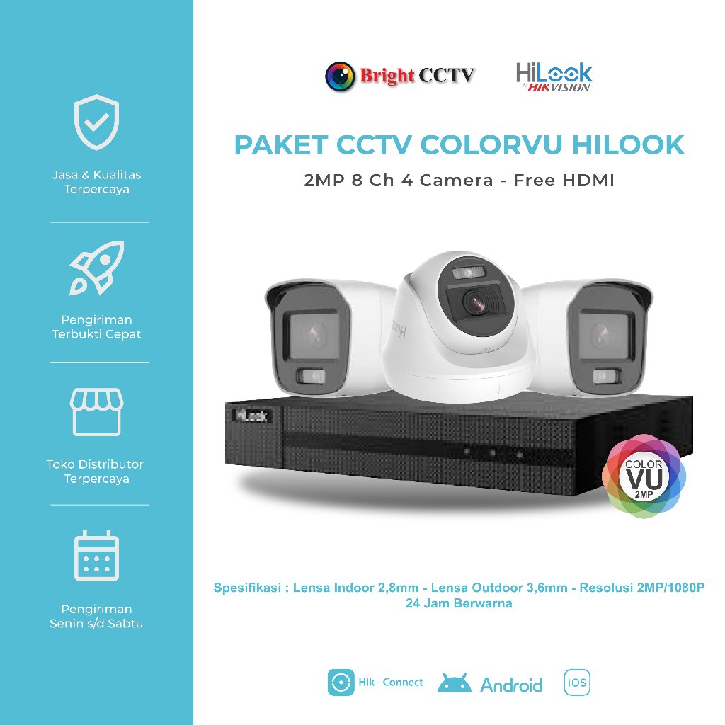 Jual Paket CCTV Colorvu Camera Hilook 2MP 8 Channel 4 Camera By ...