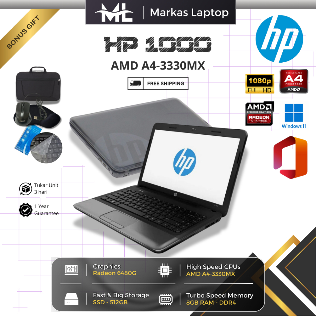 Jual LAPTOP HP 1000 AMD A4-3330MX 8GB RAM 512GB SSD 14'INCH WINDOWS 10 | Shopee Indonesia