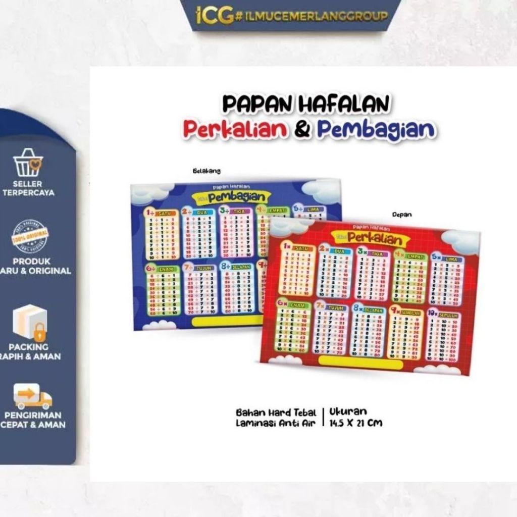 Jual Table Papan Hafalan Matematika Perkalian & Pembagian, Bahan Hard ...