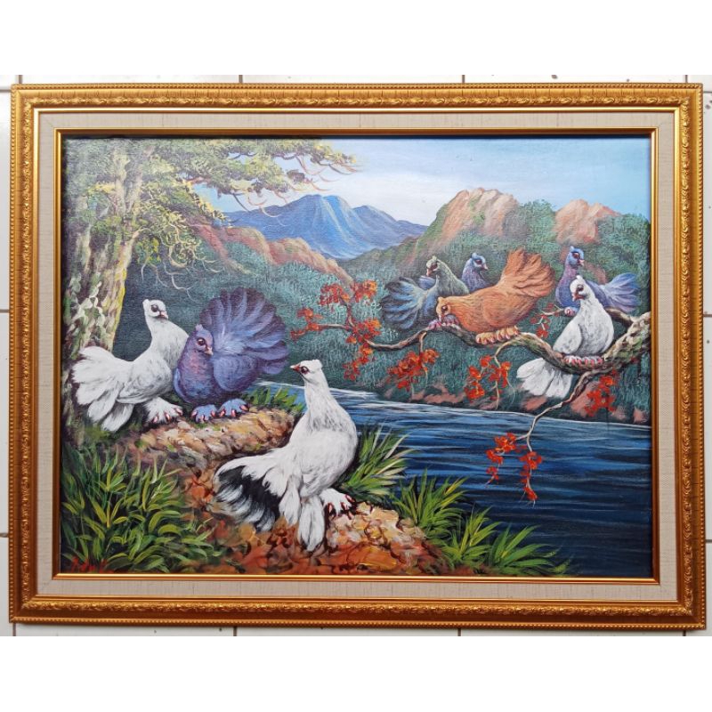Jual Lukisan Burung Merpati 5Ekor + Bingkai Pigura Ukuran 80cm x 60cm ...