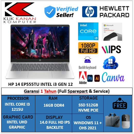 Jual Laptop Hp 14 EP555TU intel i3 1215U Ram 16gb ssd 512gb 14 full hd ...