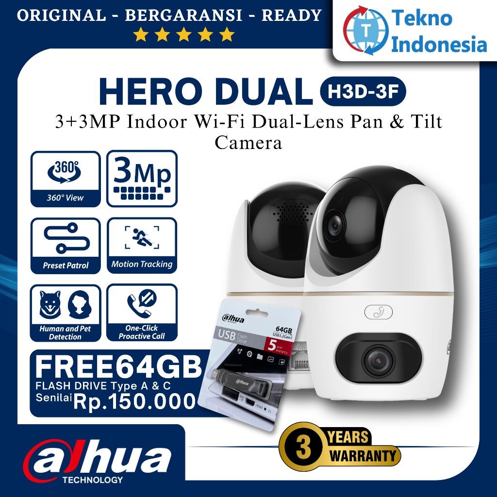 Jual FREE USB! Dahua Wifi Dual Lens Hero Dual D1 H3D-3F 3+3MP Indoor ...