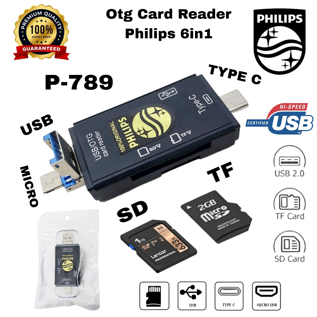 Jual Philips P-789 OTG Card Reader 6 in 1 Support Micro USB / Type C ...