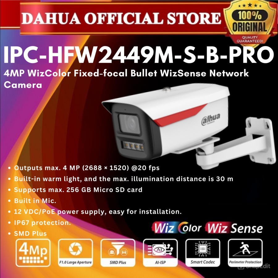 Jual DAHUA IPC-HFW2449M-S-B-PRO IP Camera 4MP WizColor Audio Fixedfocal Bullet WizSense | Shopee ...
