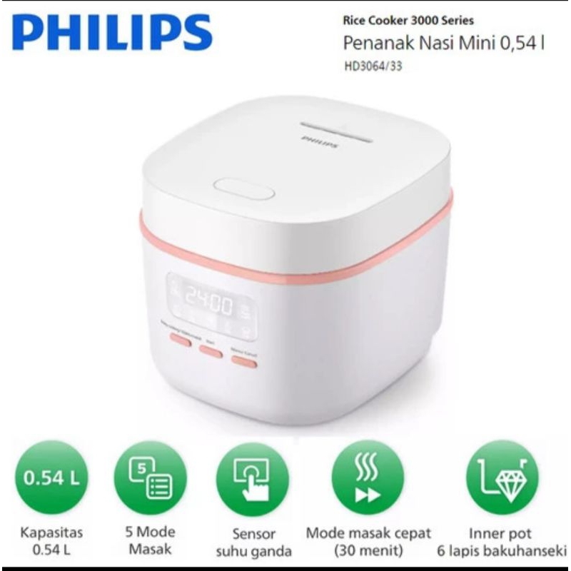 Jual PHILIPS 0,54L Mini Digital Rice Cooker HD3064/33 400 Watt - White ...