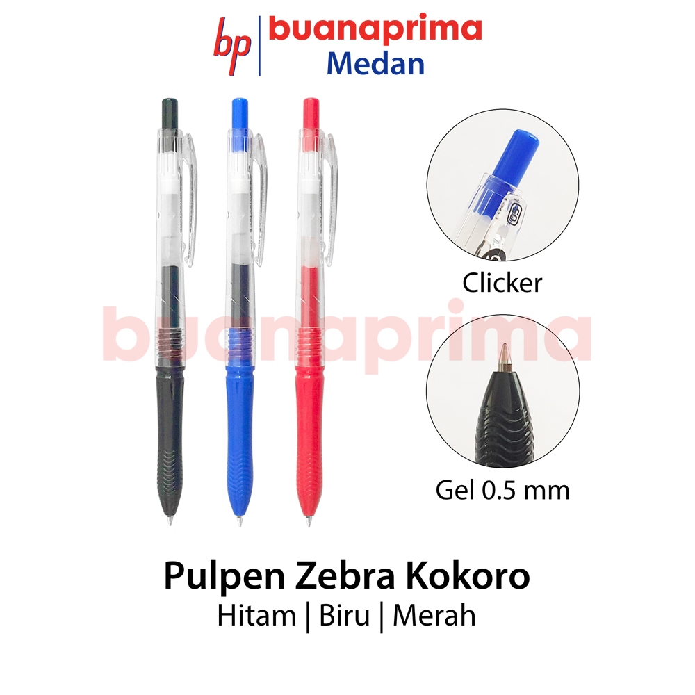 Jual Pulpen KOKORO ZEBRA ECERAN Gel 0.5 mm Gel Pen Hitam Biru Merah ...