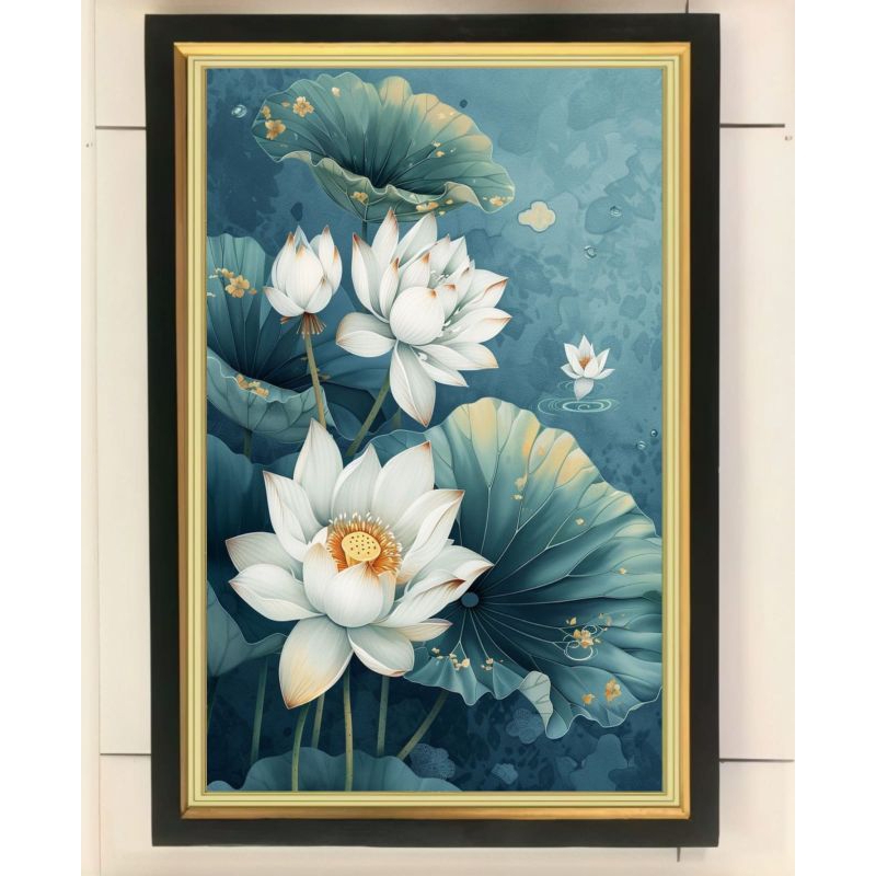 Jual lukisan cetak bunga teratai putih potrait plus bingkai ukuran 65× ...