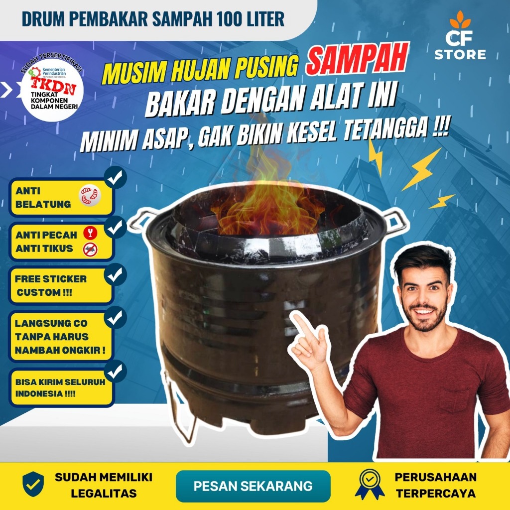 Jual CF DRUM Tong drum pembakar sampah 100 liter, minim asap | Alat ...