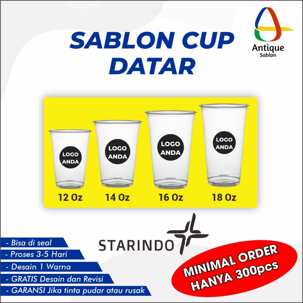 Jual Sablon Cup Datar STARINDO Gelas Packaging Plastik PP Custom 12 Oz, 14 Oz, 16 Oz, 18 Oz, 22 ...