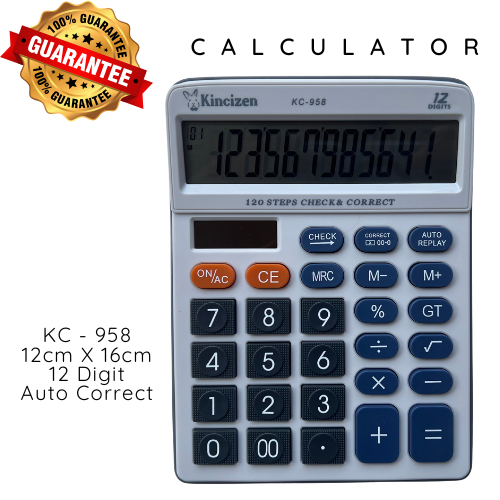 Jual Kalkulator CT 958 Ukuran Sedang 16cm x 12cm Hitam Putih 12Digit Replay Check Correct ...