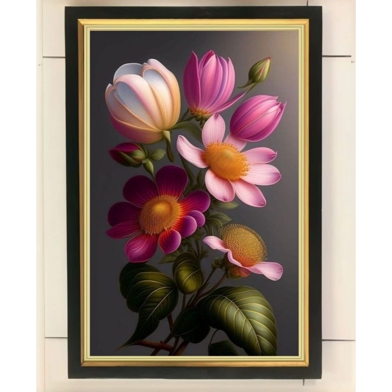 Jual lukisan cetak digital printing bunga hias pink plus figura ukuran ...