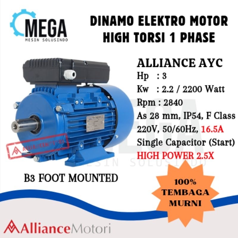 Jual Alliance Dinamo 1 Phase 3 HP 2.2 KW 2800rpm AYC Single Capacitor 100% LILITAN TEMBAGA ...
